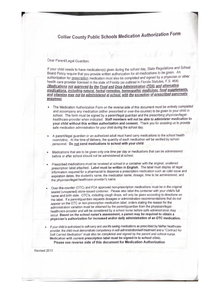 Collier County Public Schools Medication Authorization Form | PDF
