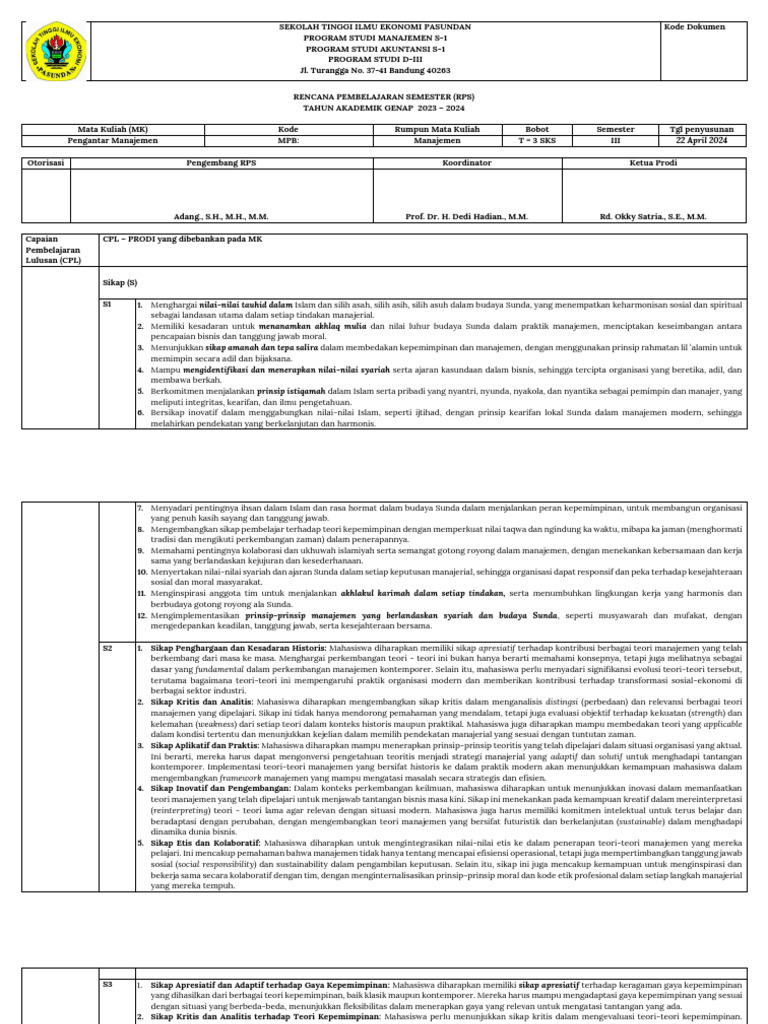 RPS - PENGANTAR MANAJEMEN 2024 OK | PDF
