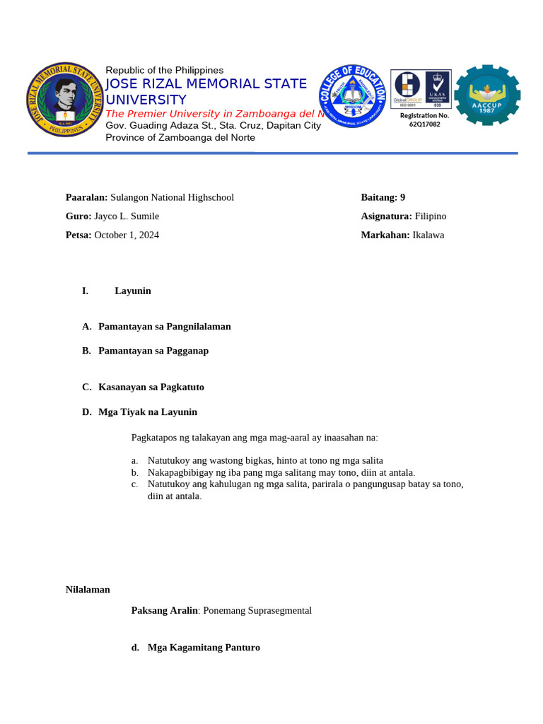 Banghay Aralin - Ponemang Suprasegmental | PDF