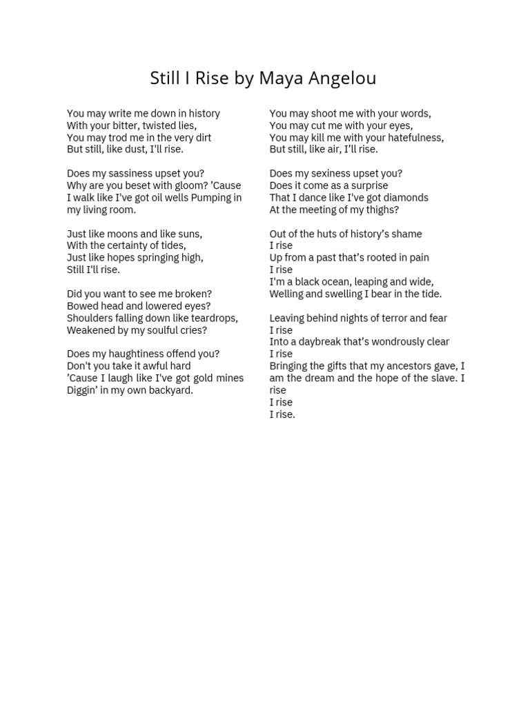 Still I Rise: A Poem by Maya Angelou | PDF