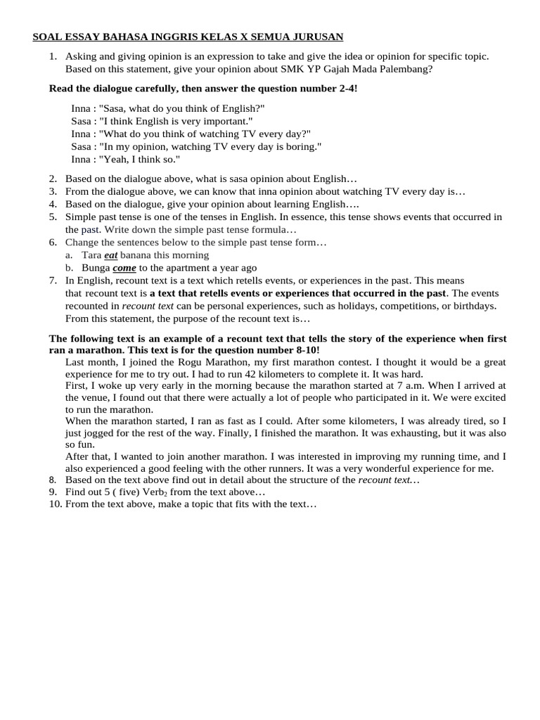 Soal Essay Bahasa Inggris Kelas 10 | PDF
