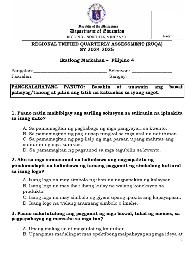 Filipino 4 RUQA QUARTER 3 | PDF