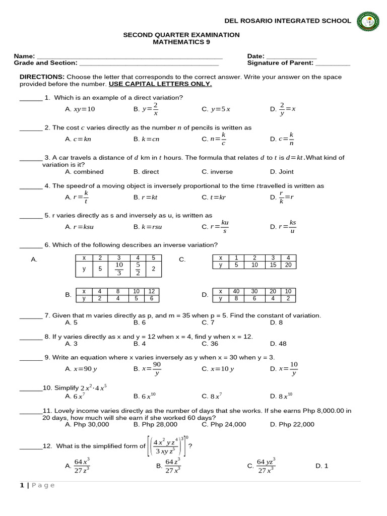 Mathematics 9 Second Quarter Exam | PDF | Square Root | Exponentiation