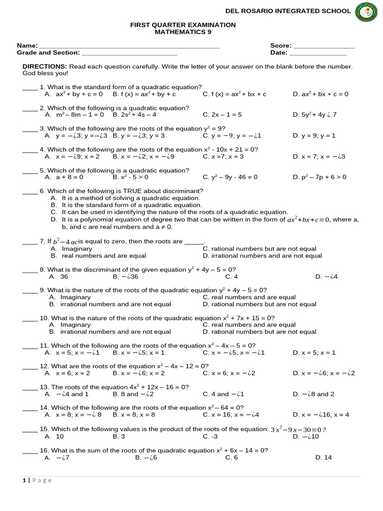 Q1 - Math 9 - Peridiocal Exam (S.Y.24-25) | PDF | Quadratic Equation | Abstract Algebra