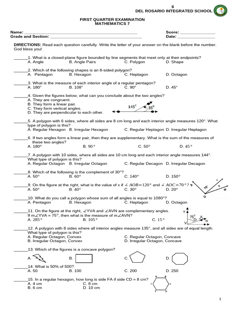 Q1 - Math 7 - Periodical Exam (S.Y.24-25) | PDF | Angle | Polygon