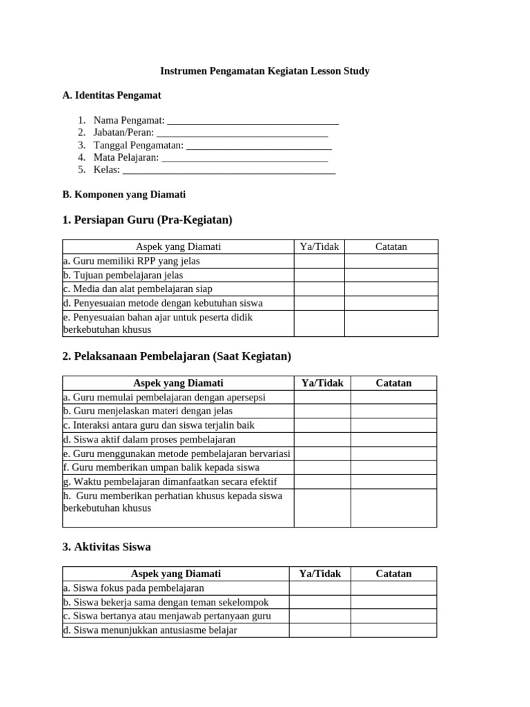 Instrumen Pengamatan Kegiatan Lesson Study | PDF