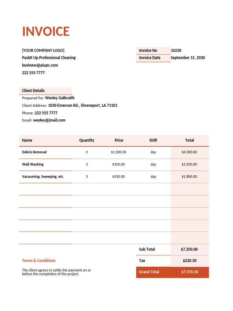 Cleaning Services Contract Agreement Invoice | PDF