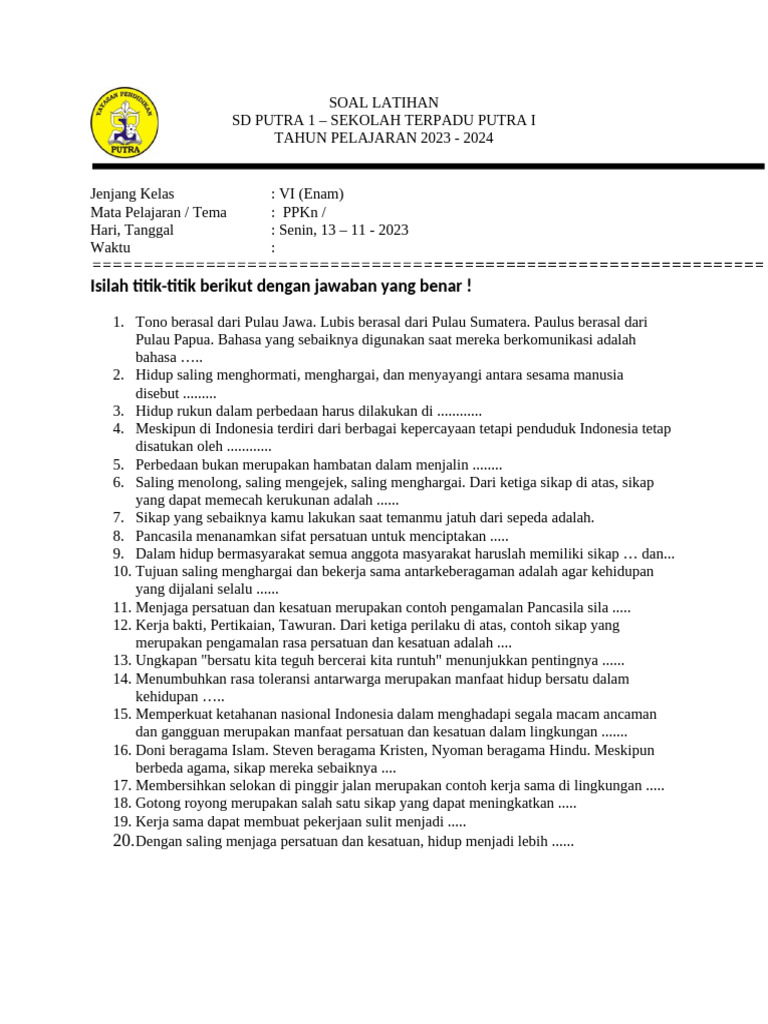 Latihan Soal PPKN Kelas 6 PERSATUAN | PDF