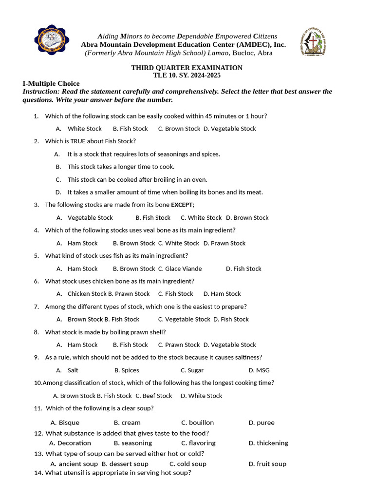 TLE 10 Stock and Soup Examination Guide | PDF | Soup | Vegetables
