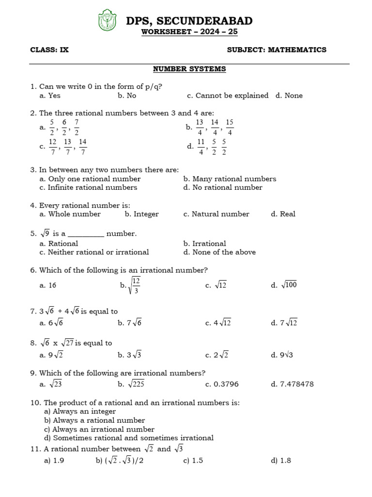Class IX Mathematics Worksheet on Number Systems | PDF | Numbers ...