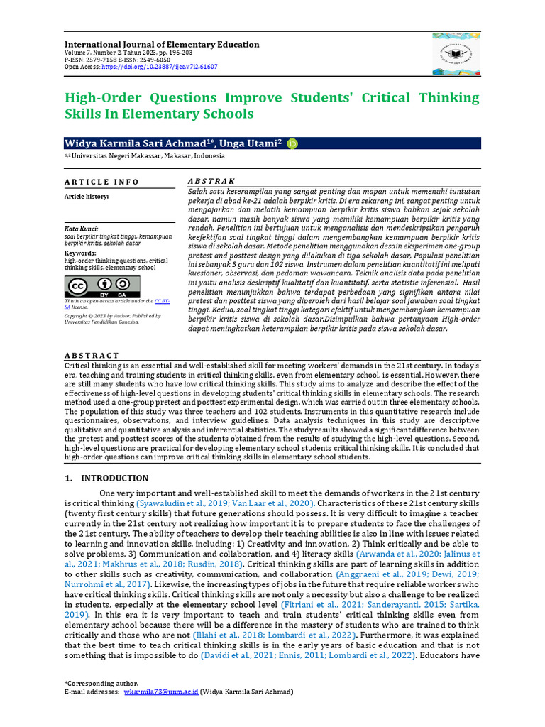 High-Order Questions Improve Students' Critical Thinking Skills in Elementary Schools | PDF ...