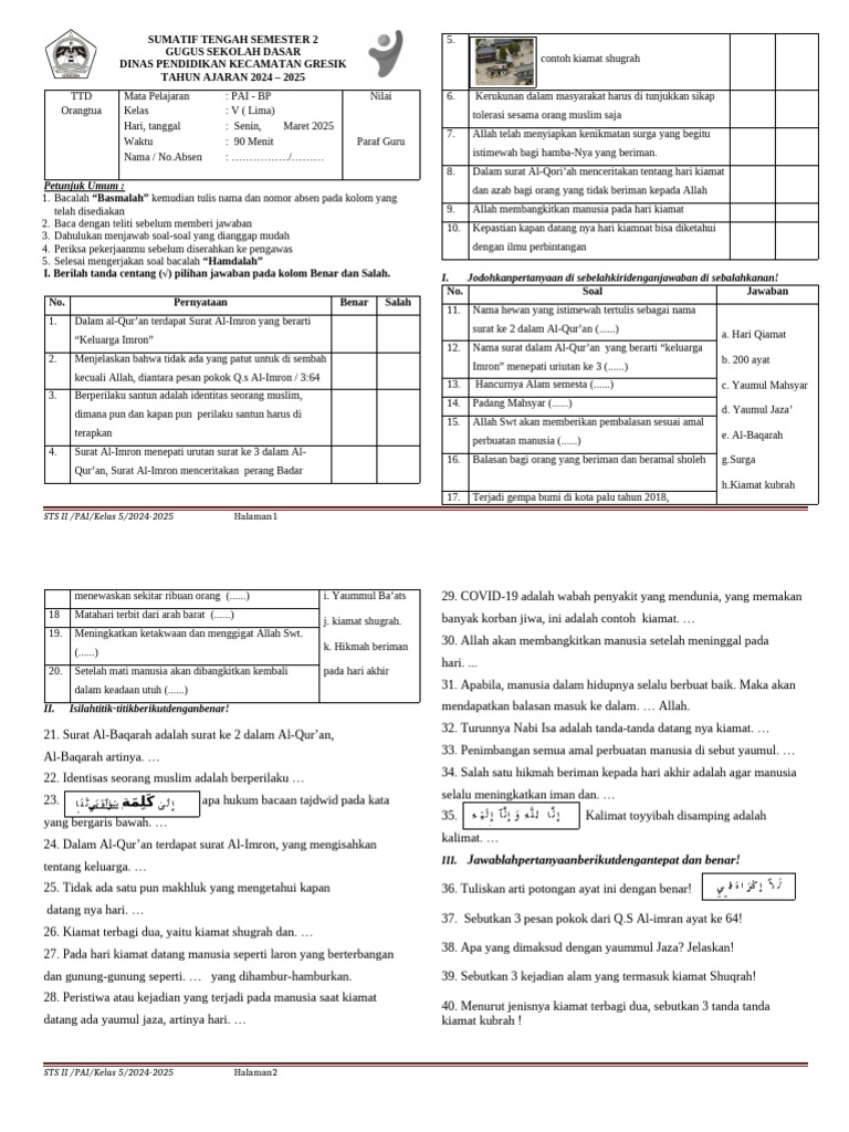 Soal Pai Kelas 5 Sts II | PDF