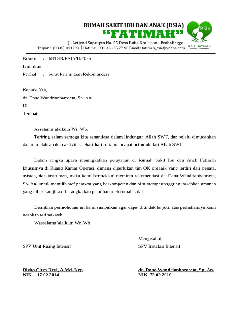Surat Permintaan Rekom (Perawat Pelatihan) | PDF