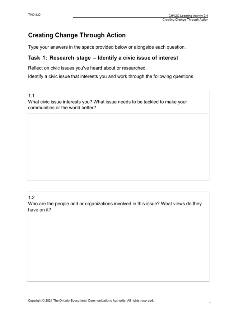 Chv2o 10 Creating Change Through Action Form | PDF | Renewable Energy ...