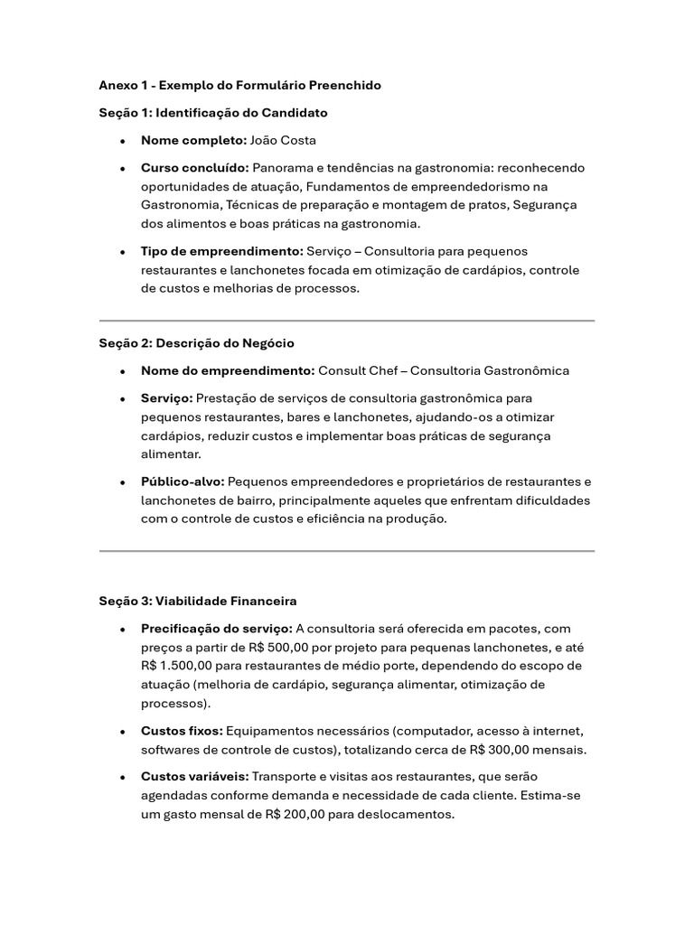 Anexo 1 - Exemplo Do Formulário Preenchido | PDF | Custo | Marketing