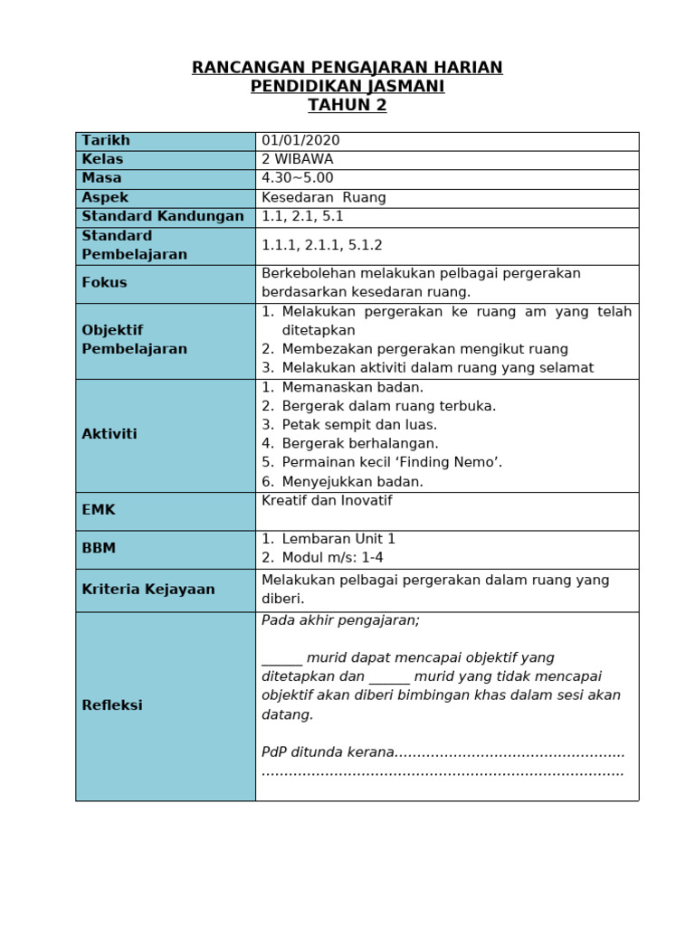 RPH THN 2 Kesedaran Ruang | PDF
