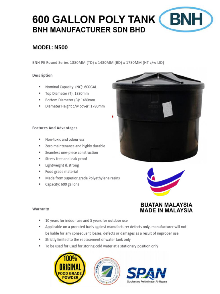 BNH N500 600gallon Polytank | PDF