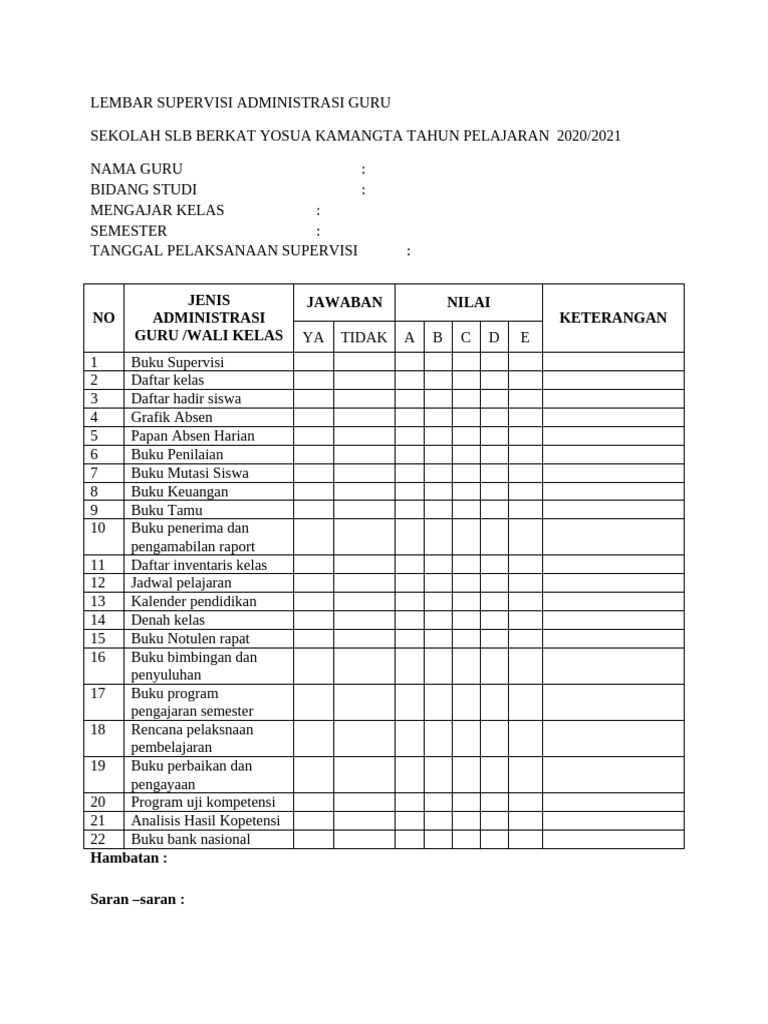 Lembar Supervisi Administrasi Guru | PDF