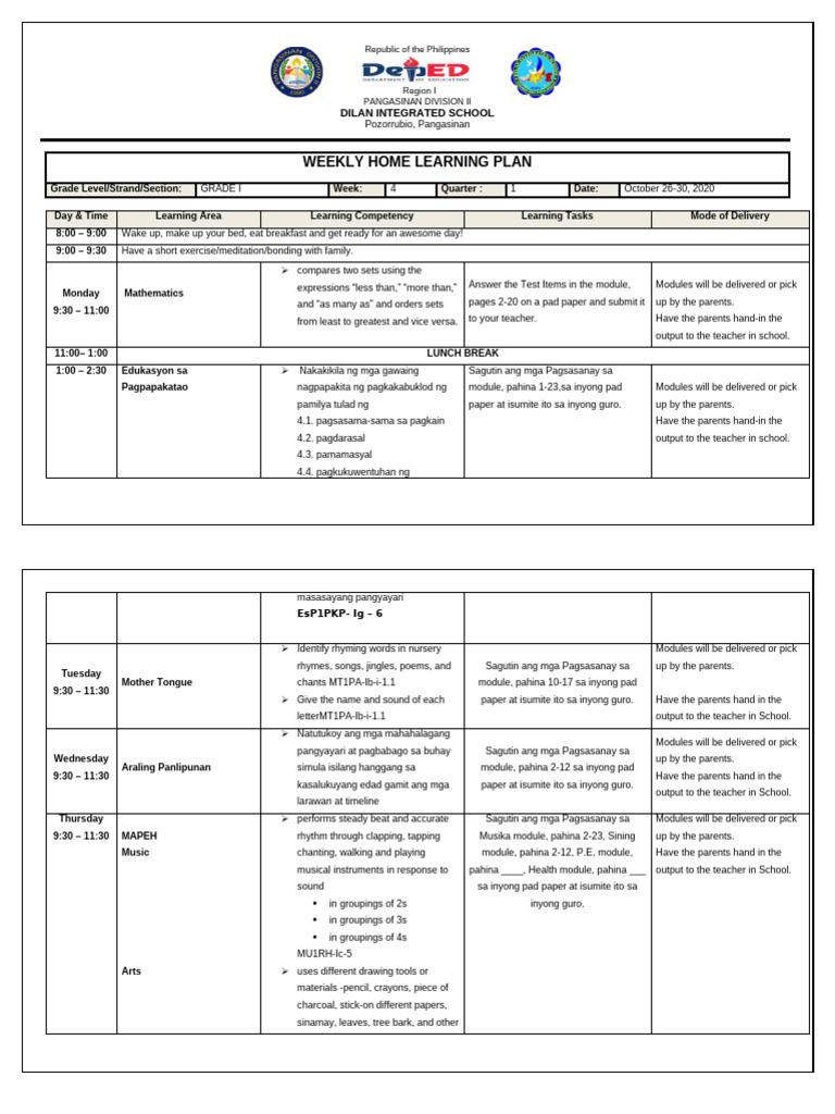 WEEKLY-LEARNING-PLAN_WEEK 4-GRADE 1 - | PDF