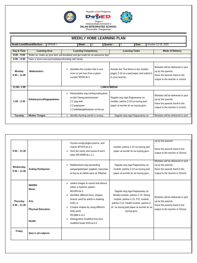 Grade 1 Weekly Learning Plan | PDF