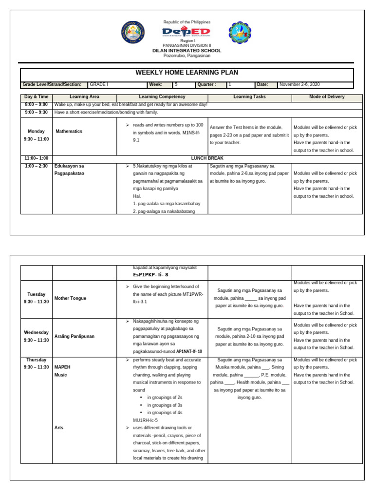 Weekly-Learning-Plan - Week 5-Grade 1 | PDF