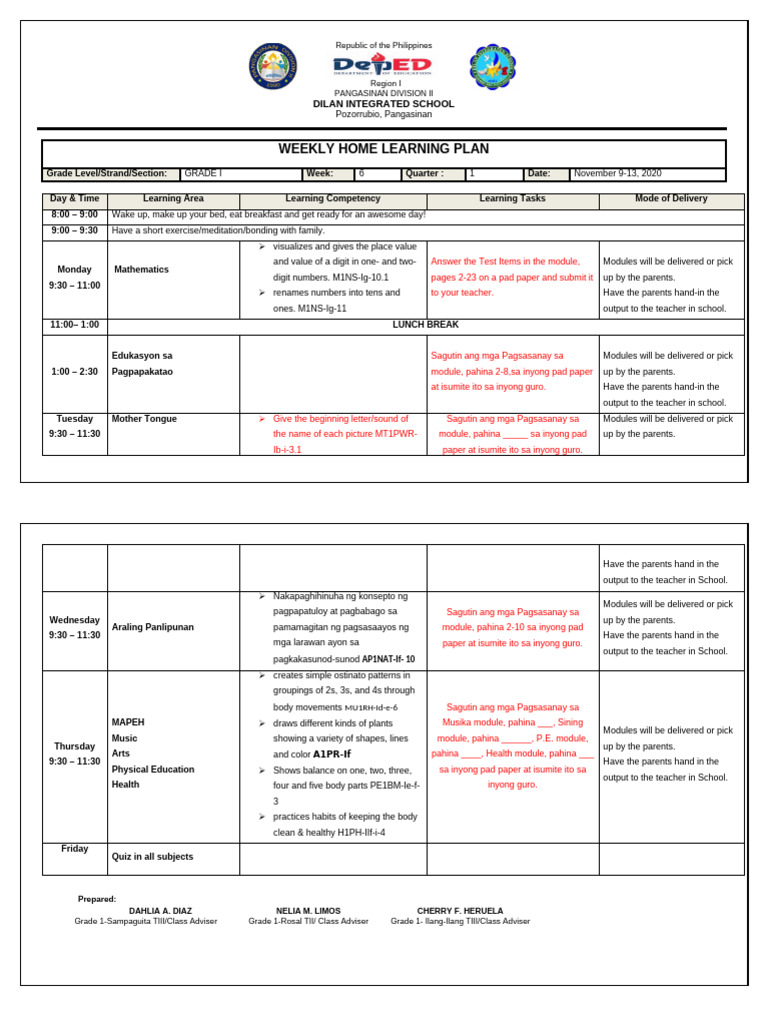 Weekly Learning Plan - Week 6 Grade 1 | PDF