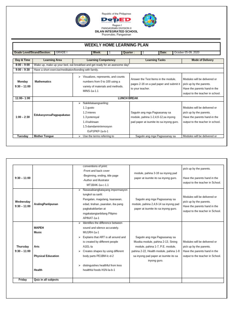 Weekly-Learning-Plan - Week 1-Grade 1 | PDF