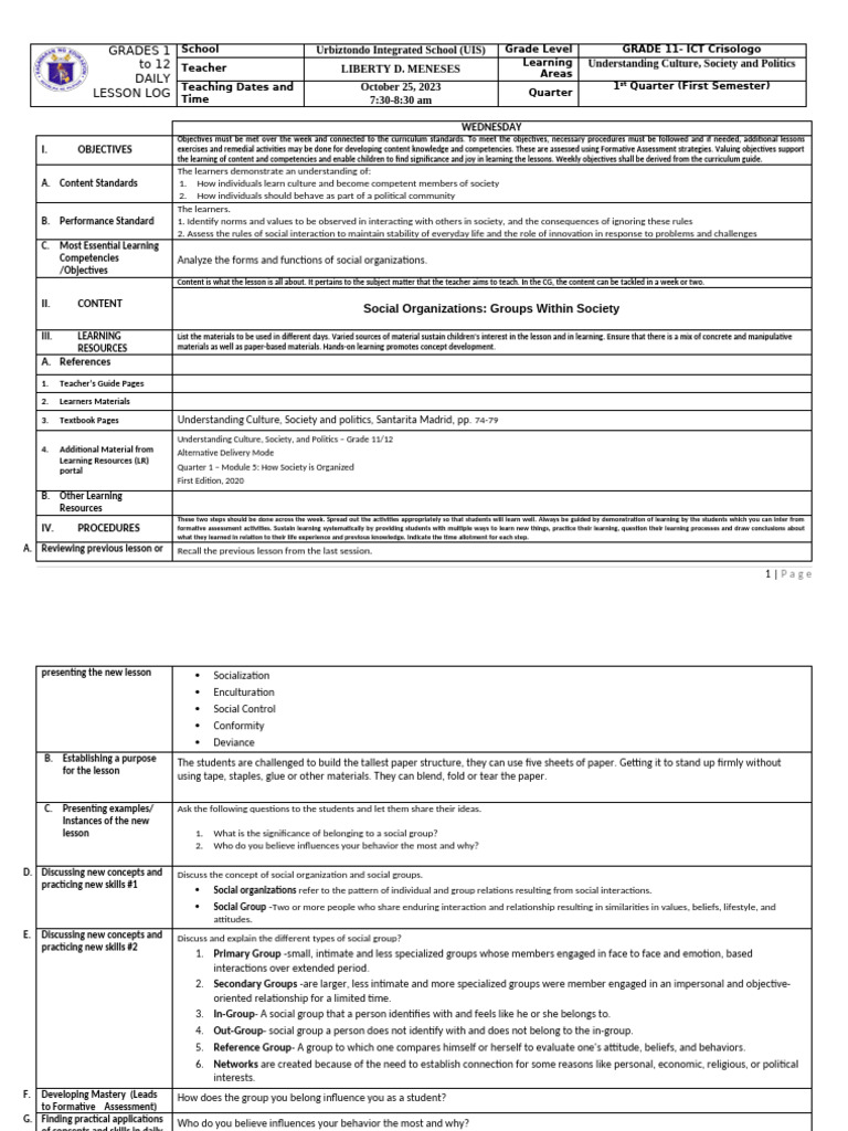 Ucsp - DLL - Oct.23 - COT - 1st Quarter | PDF | Learning | Attitude ...
