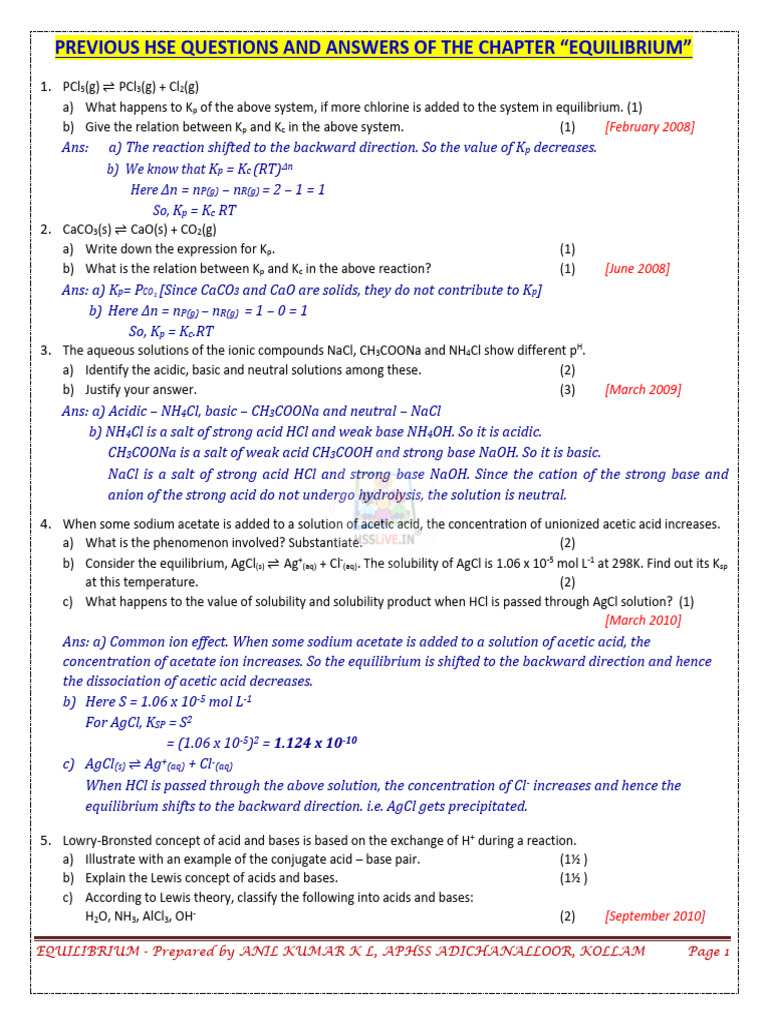 Hsslive Xi 6. Equilibrium Q A | PDF | Acid | Chemical Equilibrium