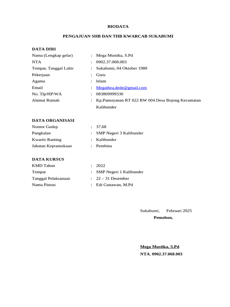 Biodata Ratih (Pengajuan SHB Dan THB) | PDF