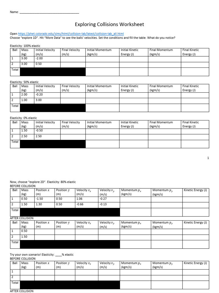Collision Worksheet | PDF | Momentum | Kinetic Energy
