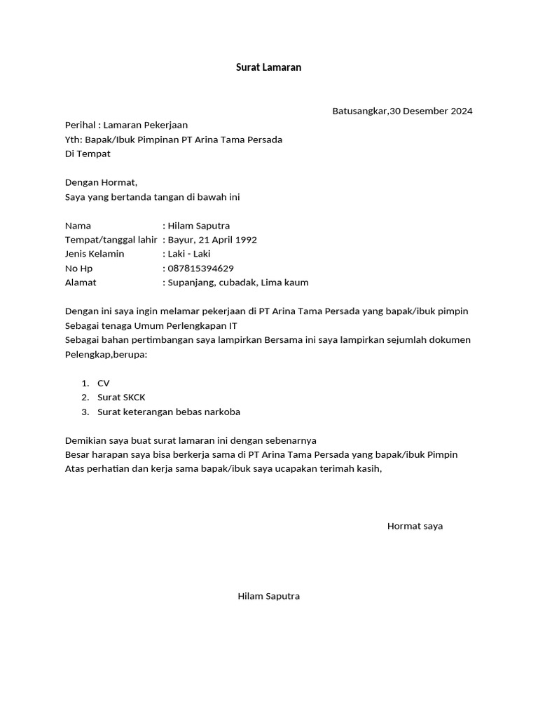 Surat Lamaran Ilham | PDF