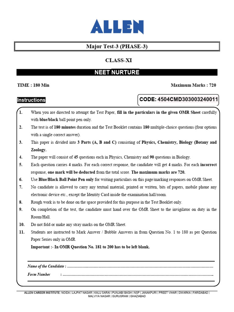 NEET-Nurture_Phase - 3_Major Test - 3_12.02.2025_Q.P. | PDF | Electron ...
