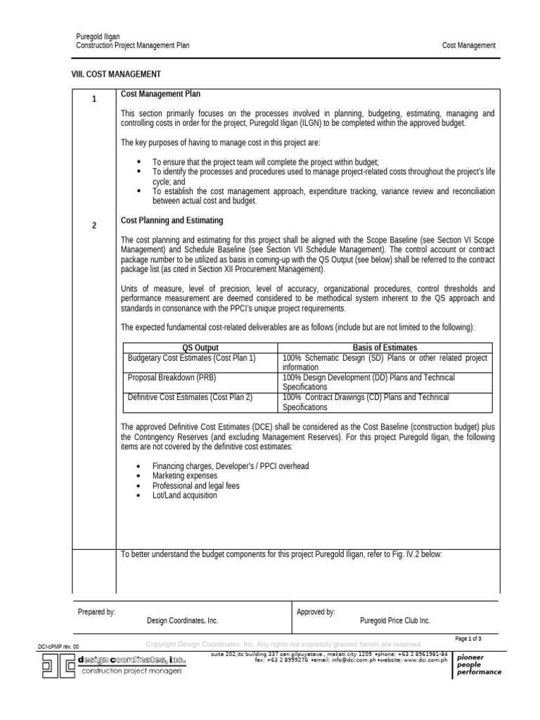 VIII. Cost Management Plan Rev.00 | PDF | Project Management | Business