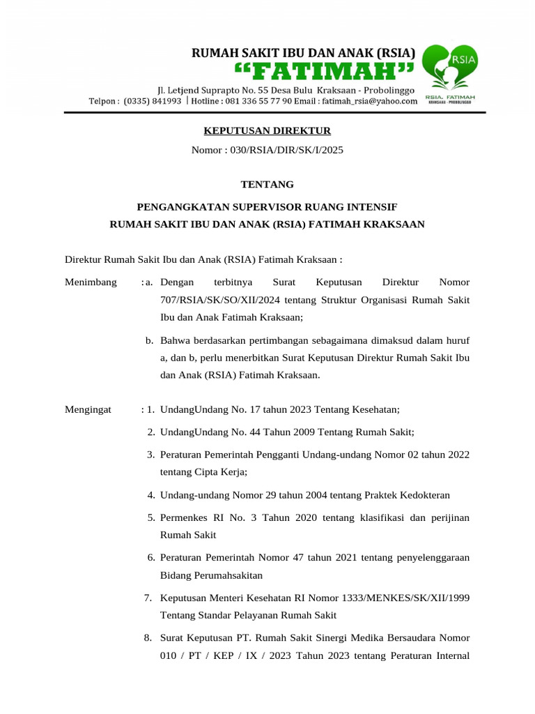 SK Pengangkatan SPV. ruang intensif | PDF