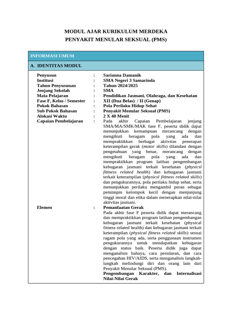 Modul Ajar PJOK Kelas 12 Unit 10 Penyakit Menular Seksual (PMS) [modulguruku.com] | PDF