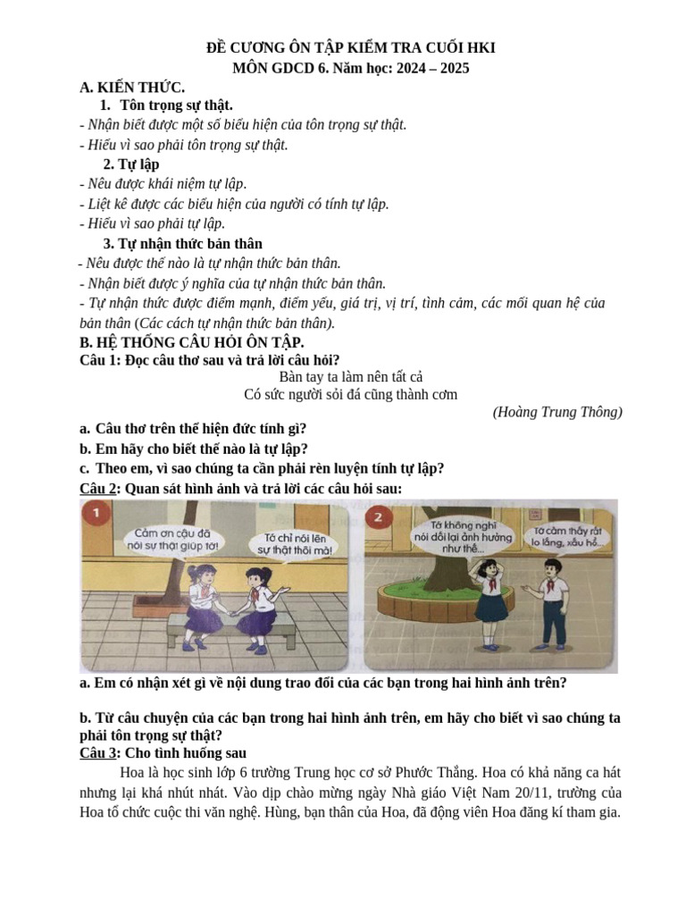 De Cuong On Tap HK1 GDCD 6 Canh Dieu Nam 24 25 | PDF