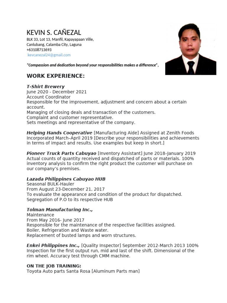 Kevin S. Cañezal: Professional Profile | PDF