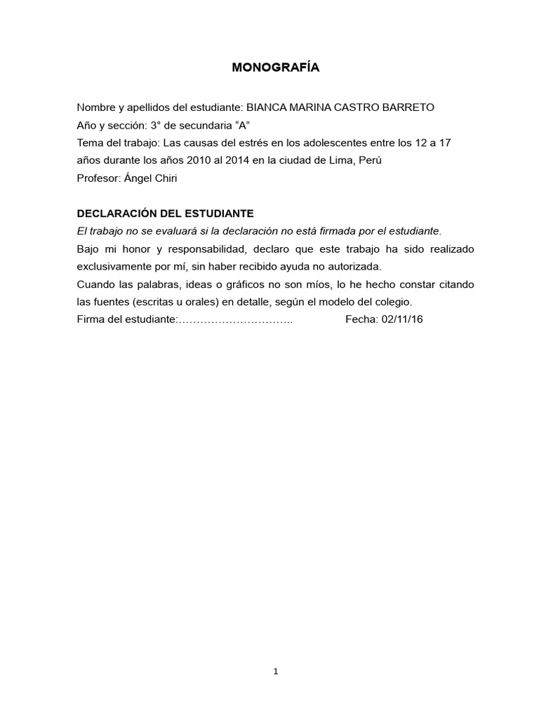 Monografía Bianca Castro | PDF | Estrés (biología) | Adolescencia