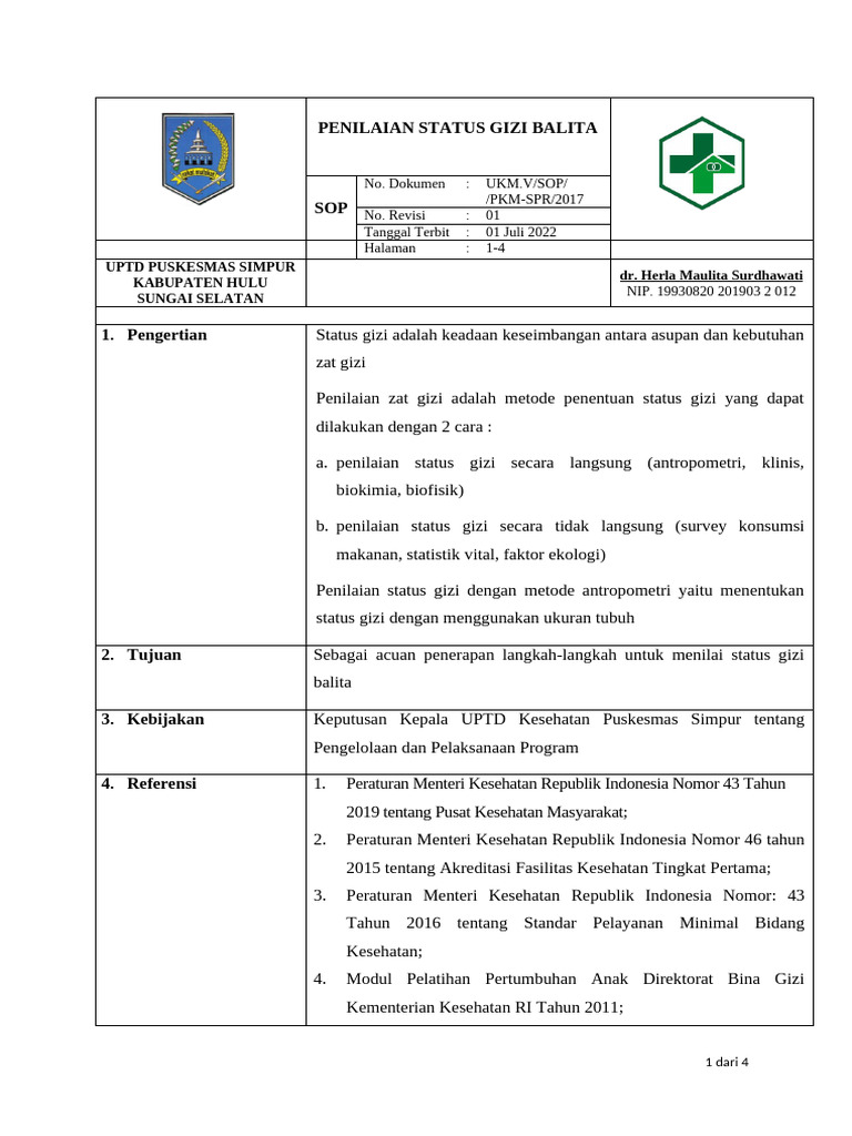 SOP Penilaian Status Gizi Balita | PDF