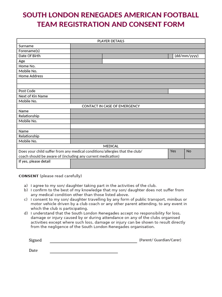 South London Renegades American Football Team Registration and Consent ...