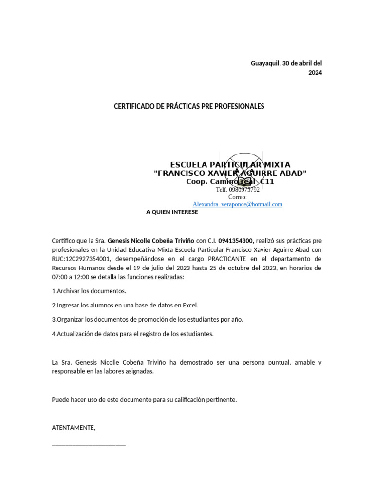 CERTIFICADO DE PRACTICA PRE PROFESIONALES T | PDF