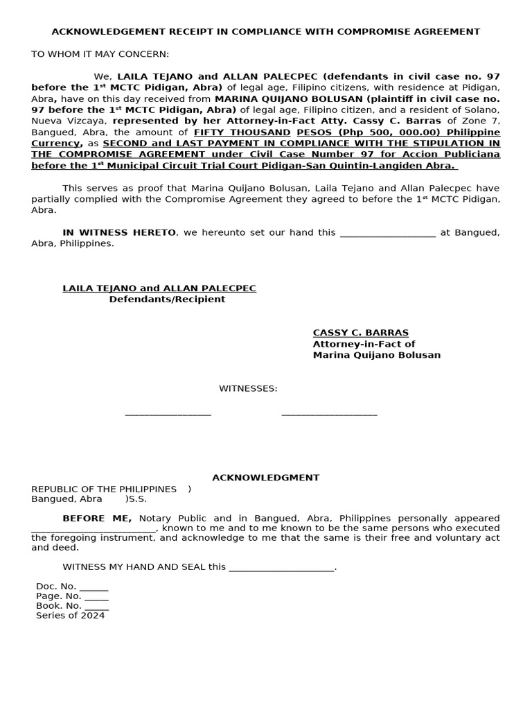 Acknowledgement Receipt in Compliance With Compromise Agreement | PDF