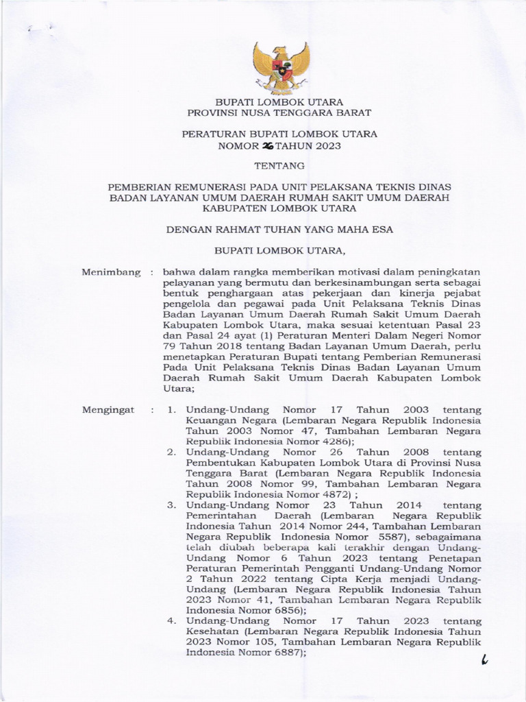 Perbup Nomor 26 Tahun 2023 Tentang Pemberian Remunerasi UPTD BLUD RSUD KLU | PDF