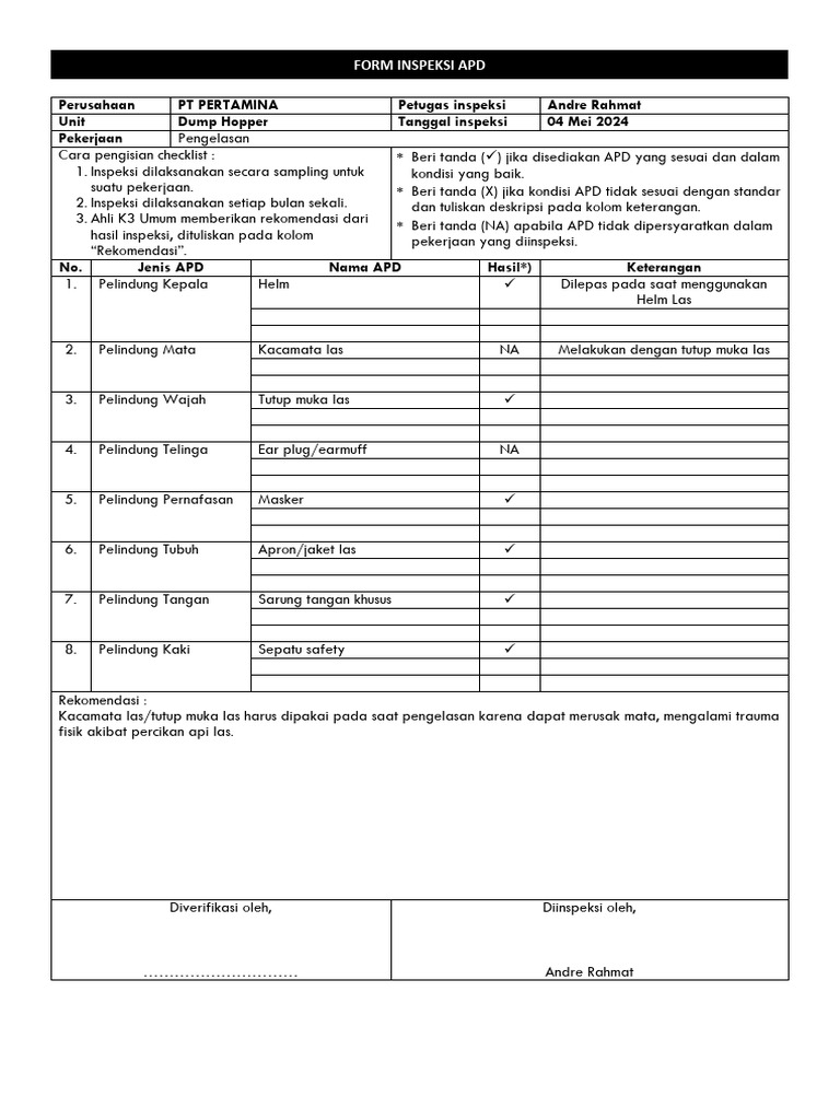 Form Inspeksi APD PT Pertamina | PDF