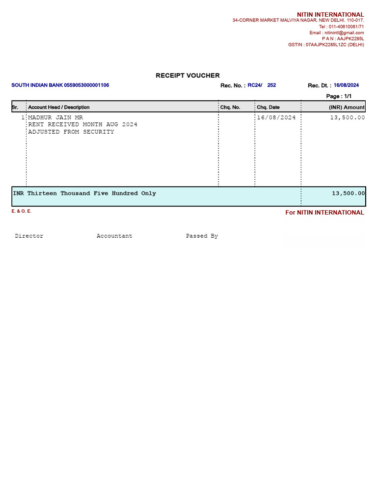 Aug 2024 Rent Receipt | PDF