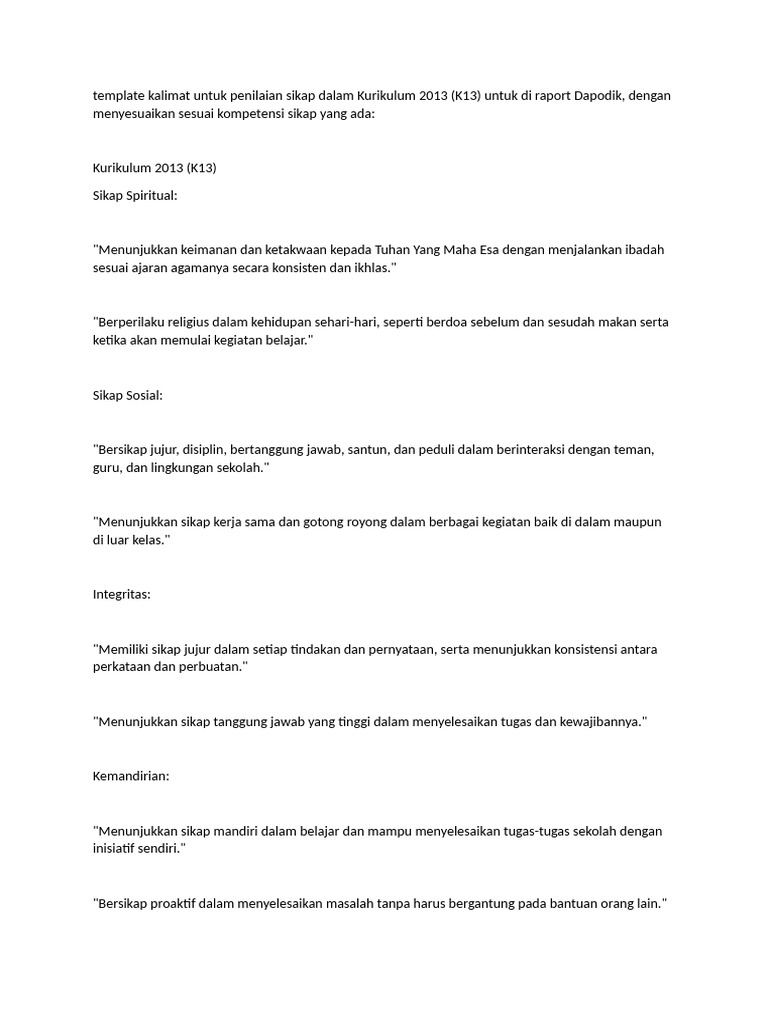 Template Kalimat Untuk Penilaian Sikap Dalam Kurikulum 2013 | PDF