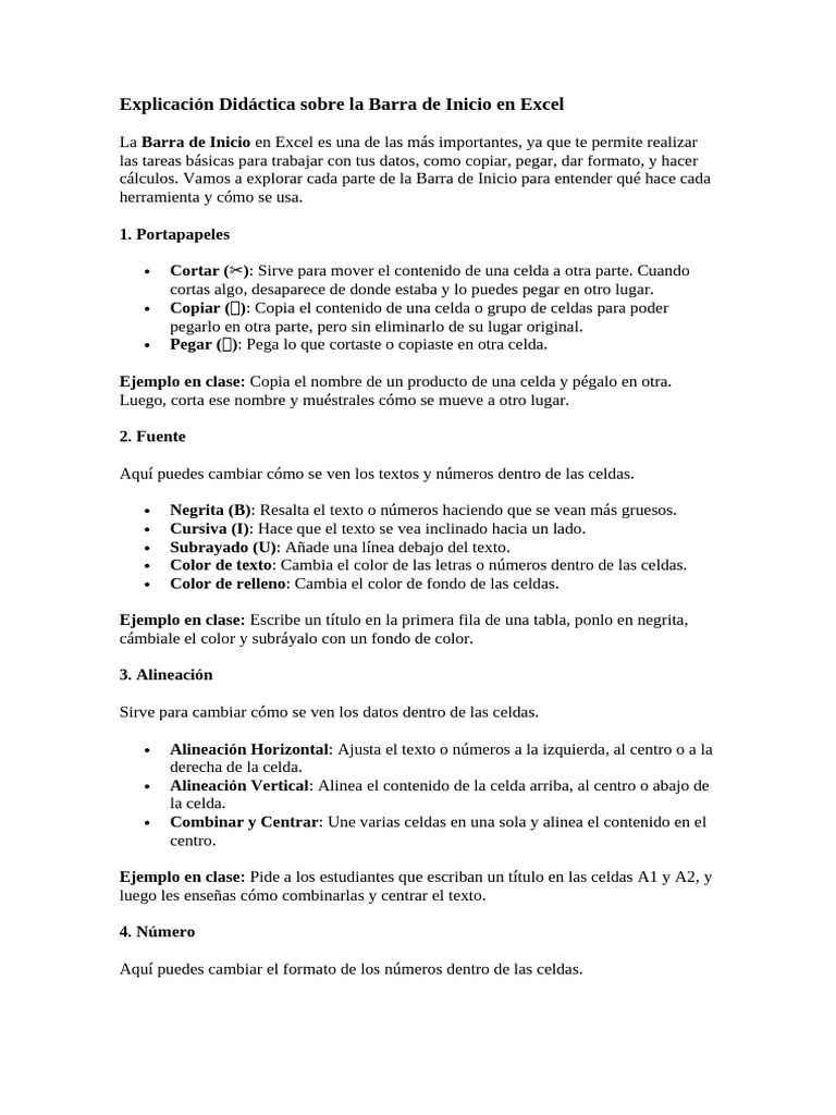 Explicación Didáctica Sobre La Barra de Inicio en Excel | PDF | Hoja de ...