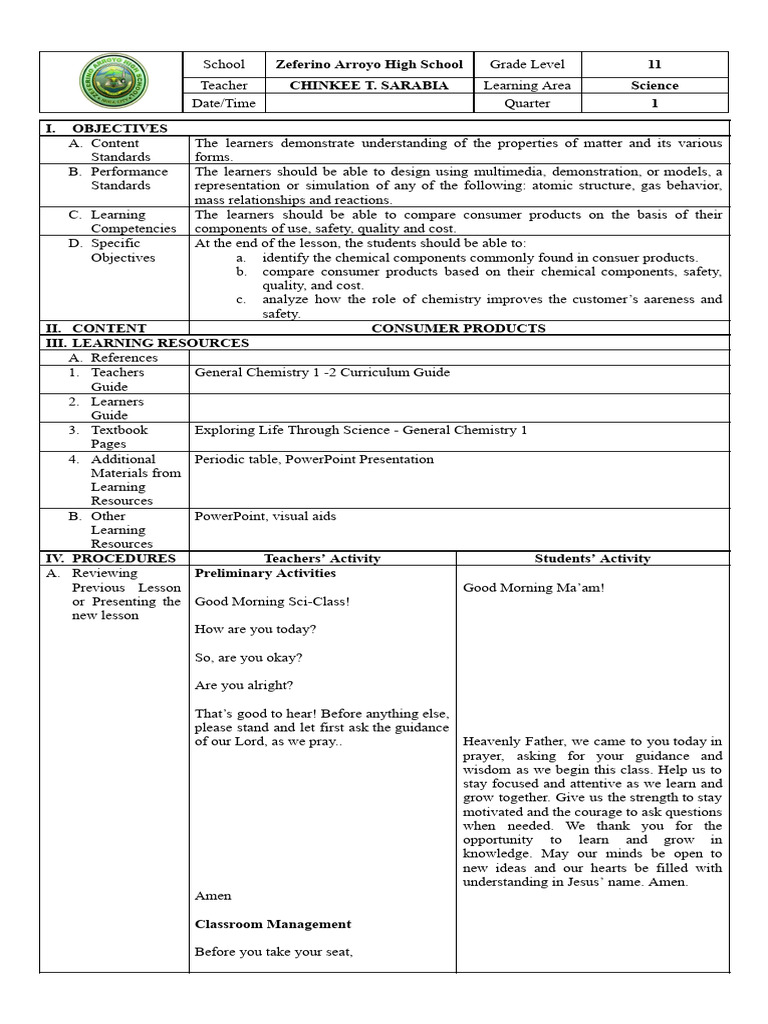 Consumer Products Chemistry Lesson Plan | PDF