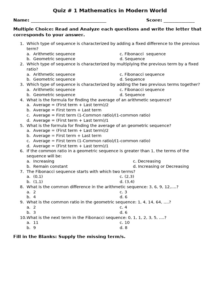 Math Quiz on Sequences & Patterns | PDF | Sequence | Mathematics